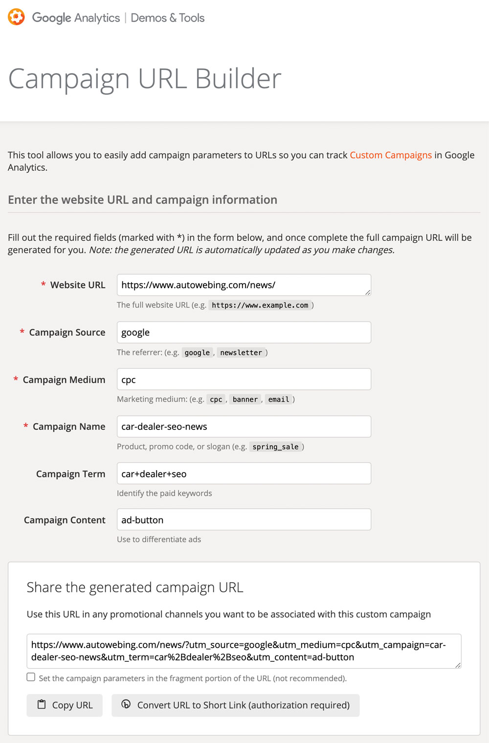 Google Campaign URL Builder for Car Dealers | Autowebing